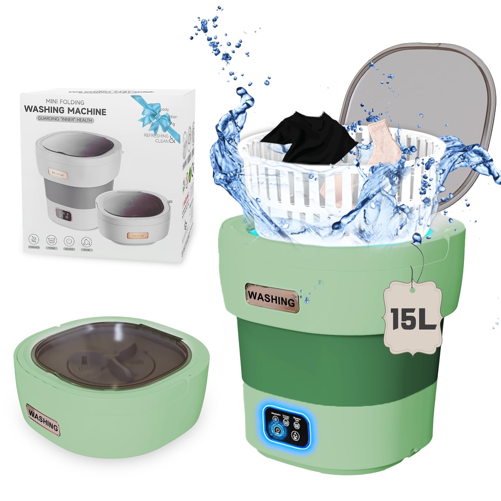Mini Washing Machine, 15L Upgraded Portable Small Washing and Dryer Machine, Collapsible Washer with Spin for Travel,Apartment, Baby Clothes, Socks