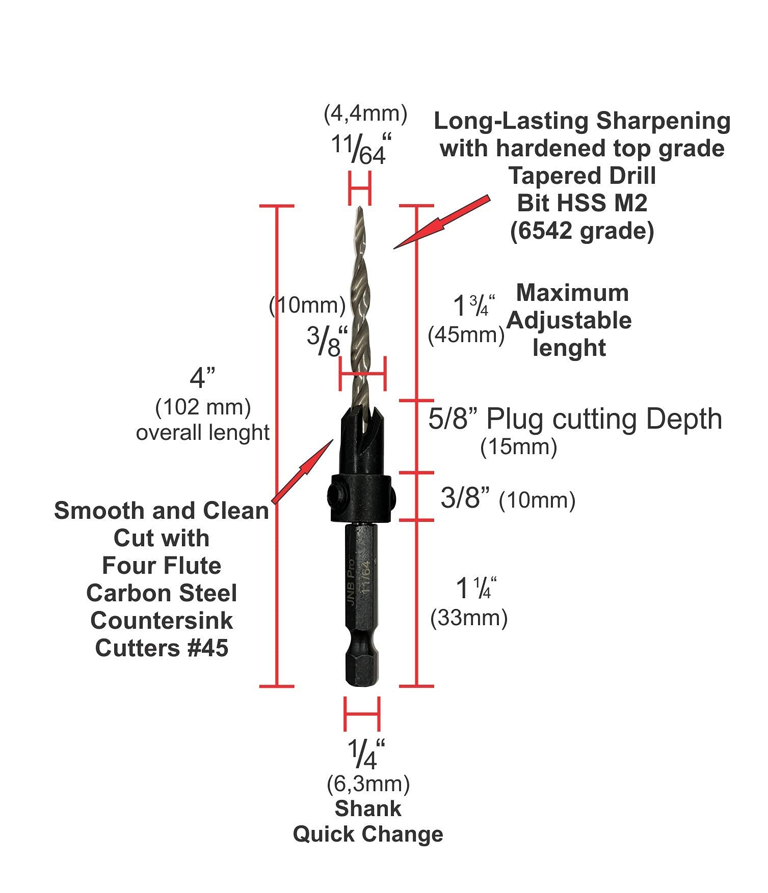 JNB Pro Wood Countersink Drill Bit Set - 5 Pc Adjustable Countersink Bit #8(11/64") All Same Size - 2 Extra 11/64 Tapered Drill Bit, 1 Adjust. Collar, 1 Wrench - 1/4" Quick Change Shank - Countersink