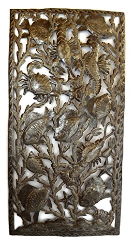 Sea Life Wall Hanging Artwork, Indoor or Outdoor Home Decorations, Nautical Beach Theme Art, Fish, Crab, Shells, Lobster, Coral, Mermaids, Ocean, Handmade in Haiti 17 In. x 34.125 In. (Deep Sea Life)