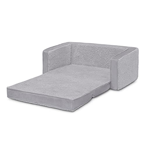 Delta Children Cozee Flip-Out Sherpa 2-in-1 Convertible Sofa to Lounger for Kids, Grey Sherpa/Suede
