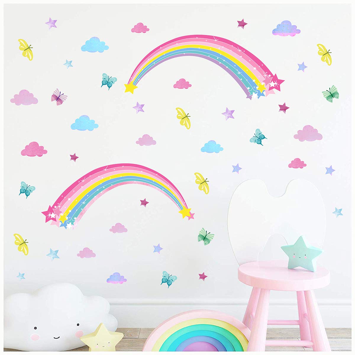 Easu Rainbow Wall Decal Clouds Wall Decal Butterfly Peel and Stick Wall Decal Kids Room Wall Sticker Nursery Home Decor