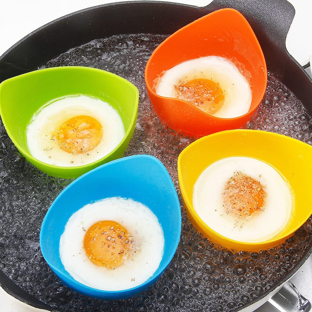 Guppy Egg Poacher Food Grade Nonstick Silicone Cups Egg Poaching Poached Egg Cooker with Ring Standers for Microwave or Stovetop Eggs Boiler Molds Poachers, BPA Free, Extra Silicone Oil Brush, 4 Pack