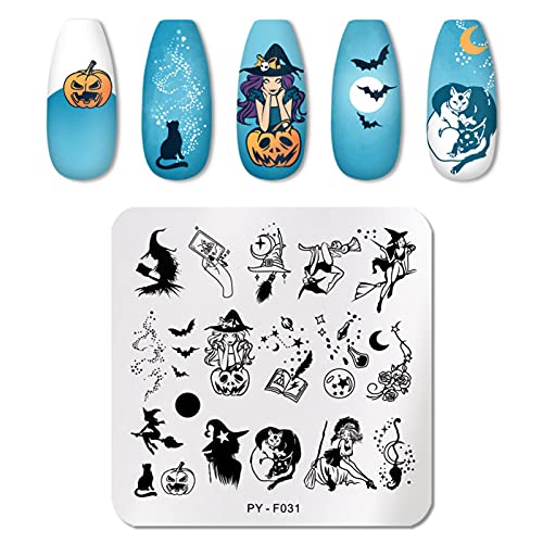 Nail Art Stamping Plates Square Fashion Nail Stamp Plates DIY Image The Halloween witch Template Print Manicure Salon Design Nails Art Tools (PY-F31 Halloween)