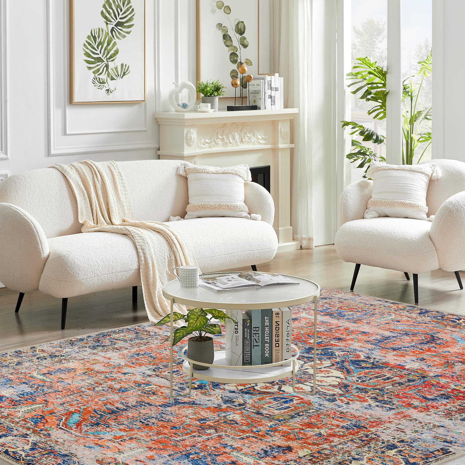 NURTUDIS Machine Washable Rug 8'x10' Area Rugs with Non-Slip Vintage Rug for Entrance Low Pile Floral Distressed Printed Rug Stain Resistant Carpet for Kitchen,Dining Room,Living Room,Orange