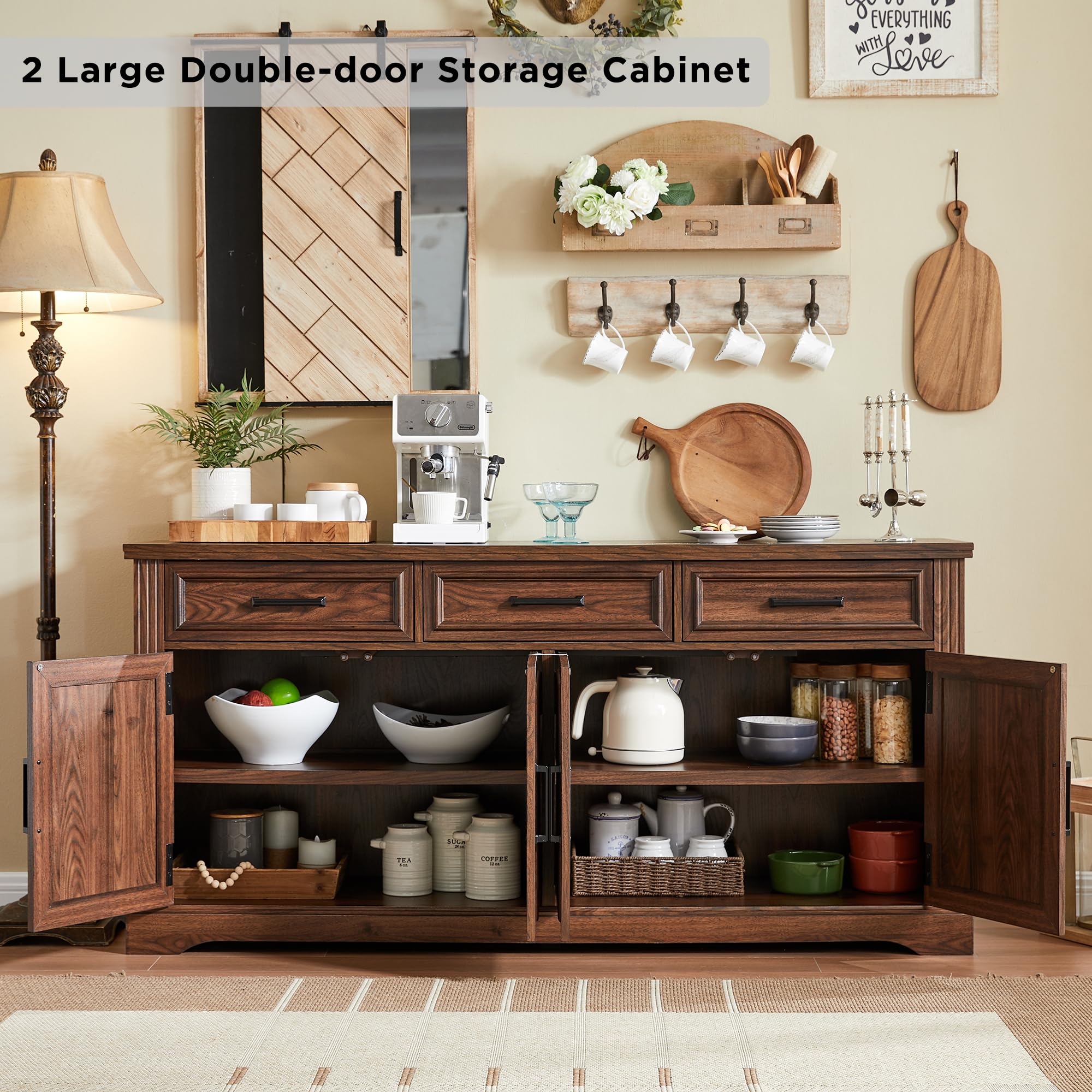 JXQTLINGMU 66" Large Buffet Sideboard Cabinet with 4 Doors and 3 Drawers, Buffet Table Coffee Bar Wine Bar Storage Cabinet for Dining Room, Living Room, Black