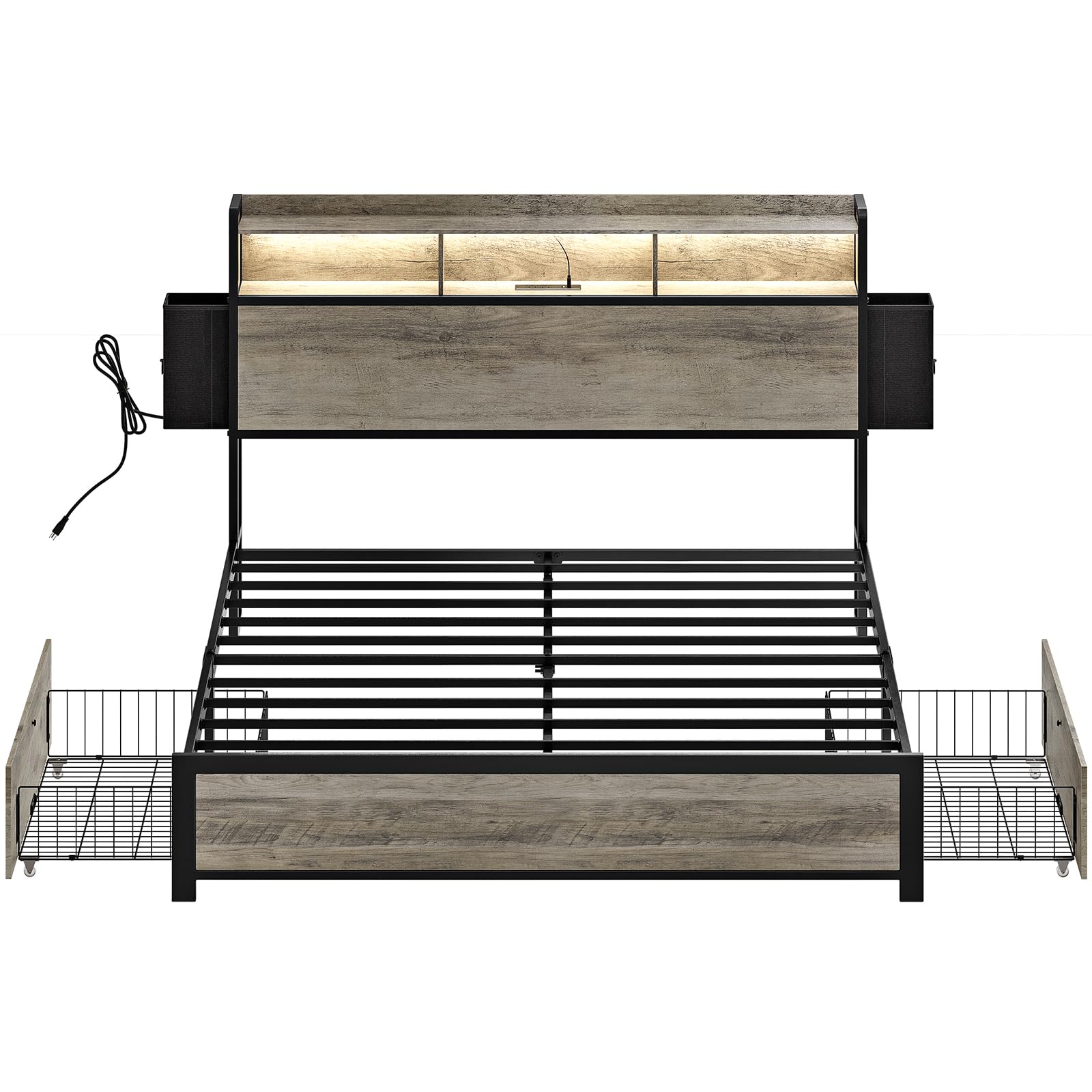 HAUSOURCE Queen Bed Frame with Bookcase Headboard and 2 Drawers LED Lights Metal Platform Non-Slip Without Noise Strong Metal Slats Support No Box Spring Needed (Greige, Queen)