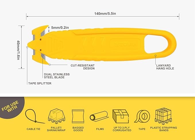 Safety Utility Cutter, T TOVIA Stainless Steel Package Opener, Two Sided Concealed Blade, Bladeless Tape Splitter, Efficient Cutting for Boxes, Wrap,Straps, Plastic Straps (5)