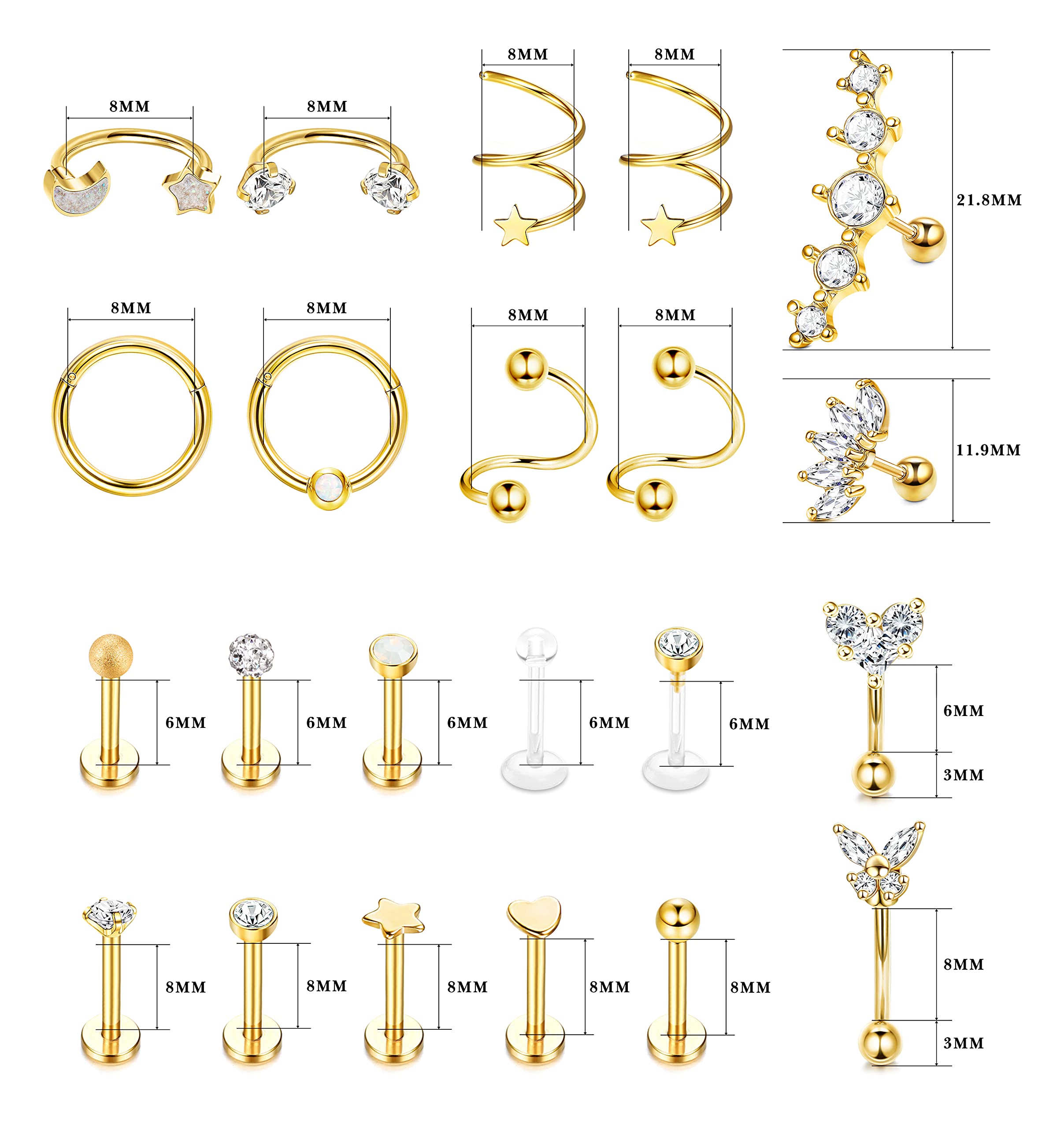 Drperfect 16G Cartilage Earring Stud Hoop for Women Men Stainless Steel Forward Helix Piercing Jewelry Lip Ring Rook Daith Conch Tragus Earring Set