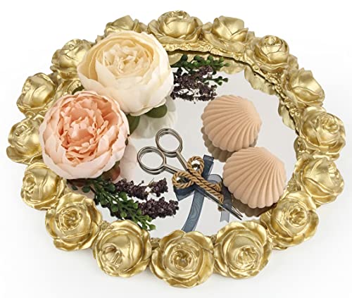 Vixdonos Gold Rose Resin Tray Decorative Mirror Tray Bathroom Vanity Tray for Perfume,Jewelry and Makeup