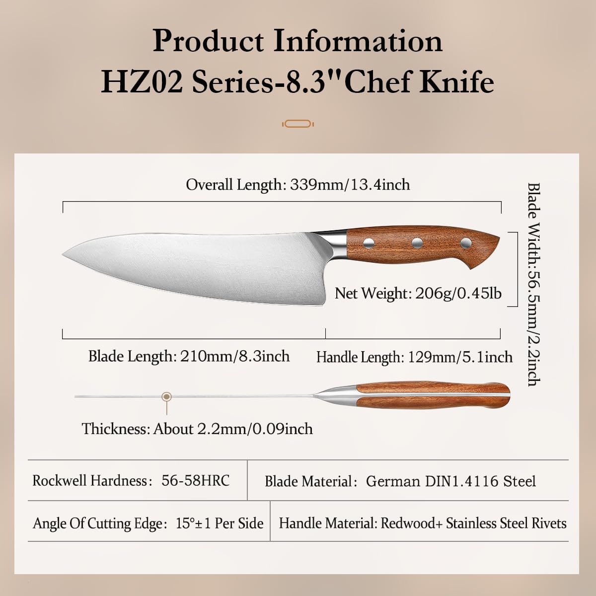 HEZHEN Pro Chefs Knives 8.3 Inch,High Carbon German 1.4116 Steel,Stainless Steel Rivets with Red Wood Handle,Razor Sharp,Super Edge,with Woodern Knife Sheath
