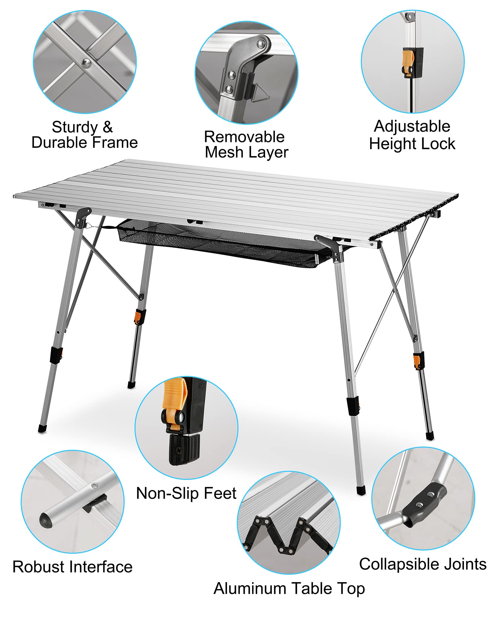 FiveJoy Folding Camping Table Outdoor Portable Picnic Camp Table with Aluminum Legs Adjustable Height Roll Up Table with Mesh Layer for Picnic Beach Grill Backyard Kitchen