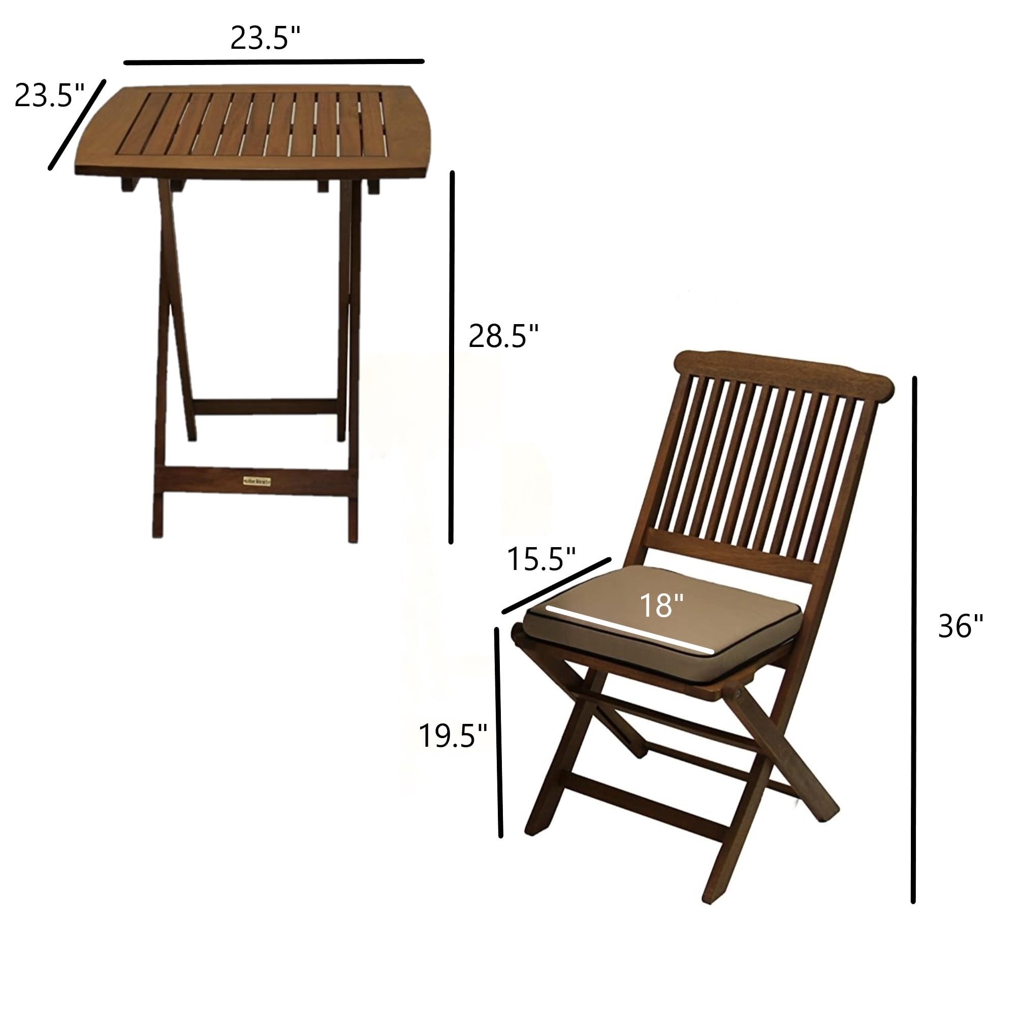 Outdoor Interiors Eucalyptus Wood 3-Piece Square Foldable Bistro Outdoor Furniture Patio Set, Table and 2 Chairs with Cushions, Beige