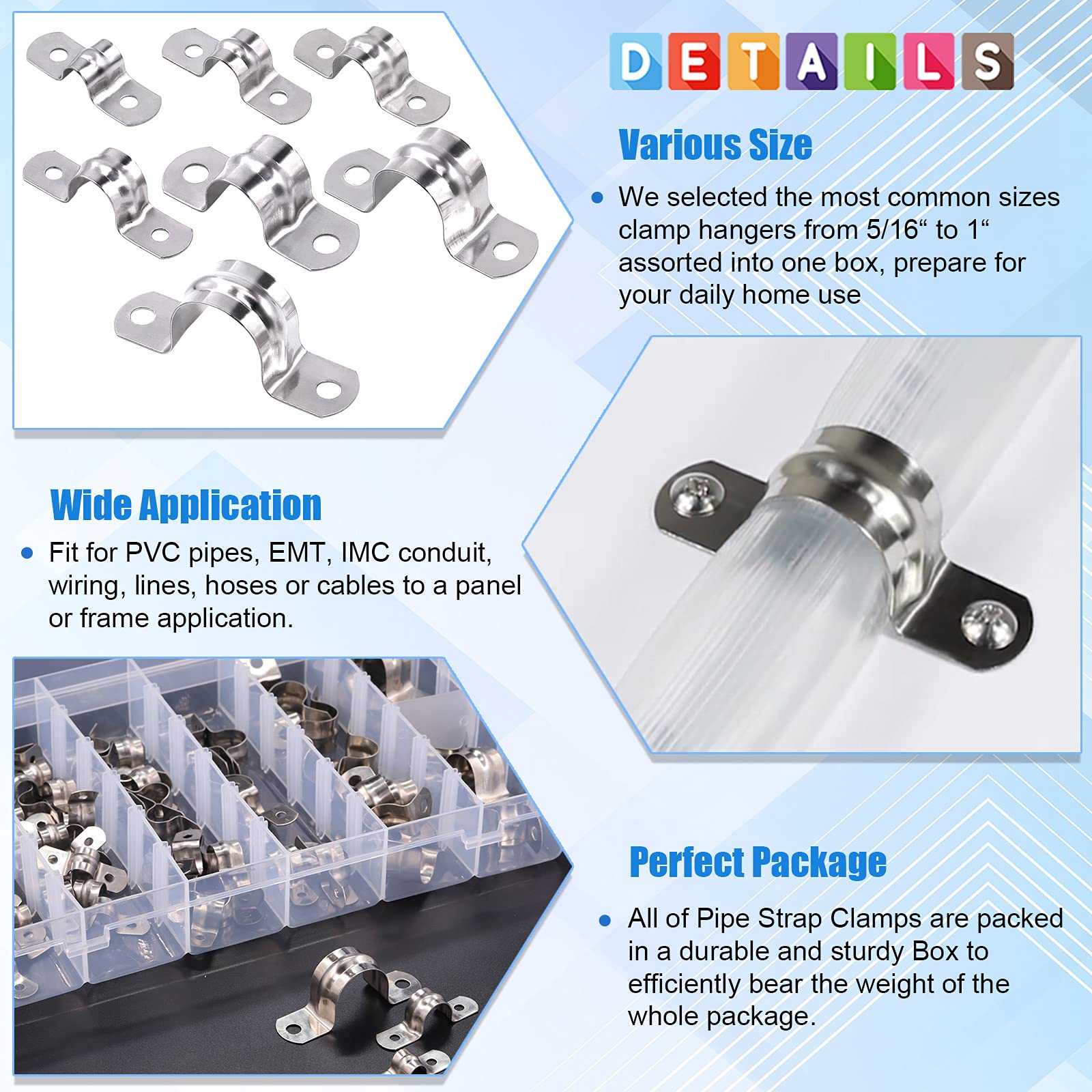 Glarks 85Pcs Pipe Strap Clamp Set M8 M10 M12 M14 M16 M20 M25 304 Stainless Steel Two Hole Strap Heavy Duty Rigid Pipe Strap U Bracket Tube Strap Assortment Kit For Pipe Tube Fixing