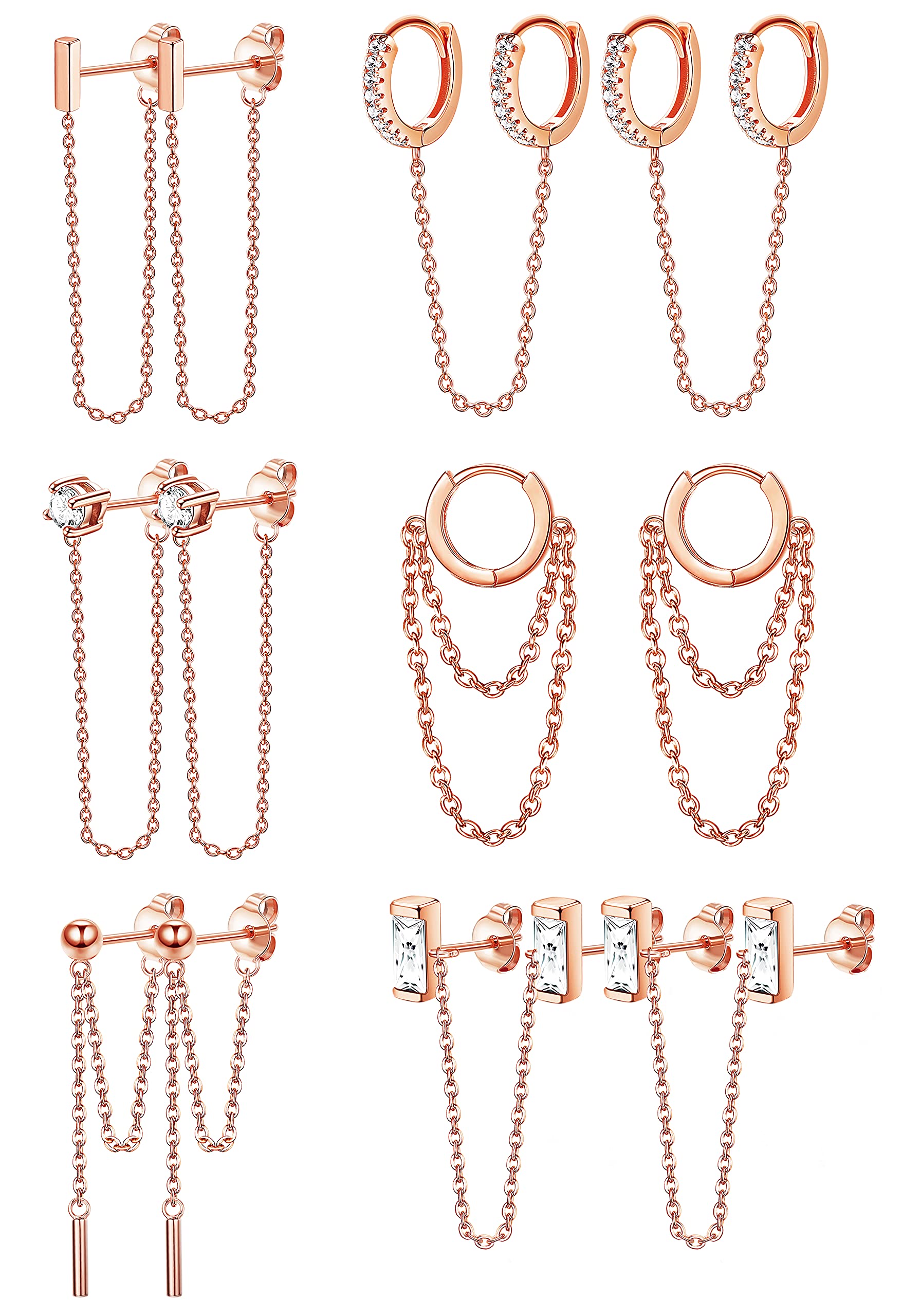 Drperfect 6 Pairs Chain Stud Earrings for Women CZ Dangle Earrings Copper Ball Stud Earring Bar Stud Earrings Huggie Hoop Piercing Earrings