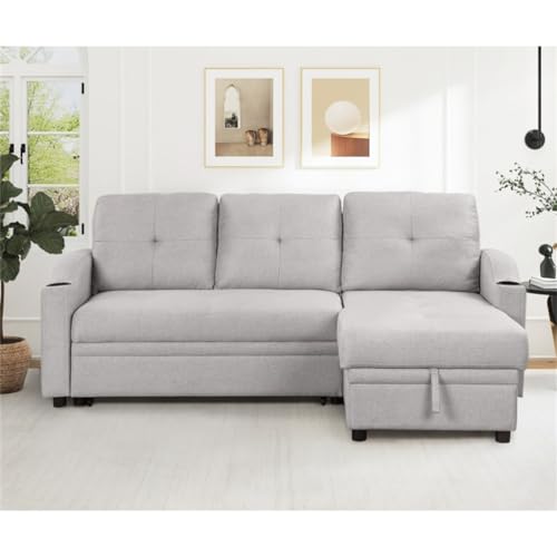 DOUBAO Pull Out Sofa Bed Padded Upholstered Sofa Bed, Linen Fabric 3 Seater Couch with Storage Chaise and Cup Holder