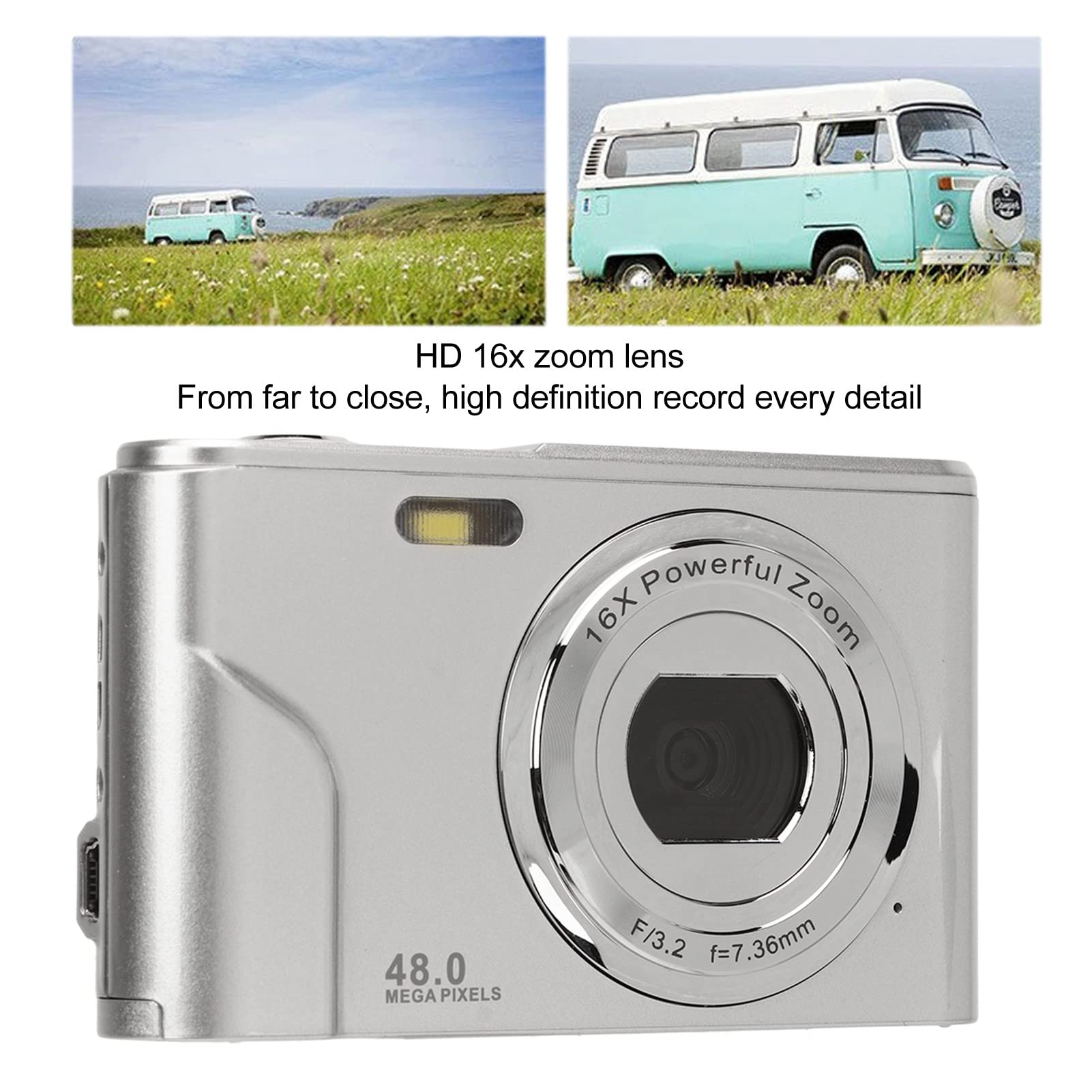 Digital Camera, 1080P HD 2.4 Inch IPS Display Mini Compact Pocket Camera with 16X Zoom, Portable and Rechargeable Video Camera for Adults, Students, Kids, Travel (Space Silver)