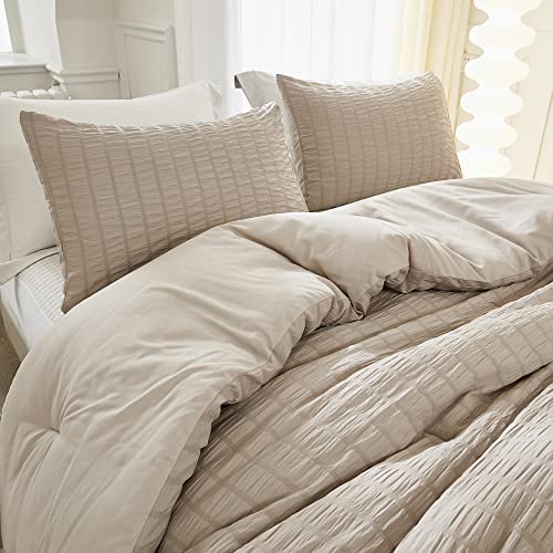 Litanika King Size Comforter Set Khaki, 3 Pieces Lightweight Seersucker Bedding Comforters Sets, Soft Bed Set (104x90In Comforter & 2 Pillowcases)