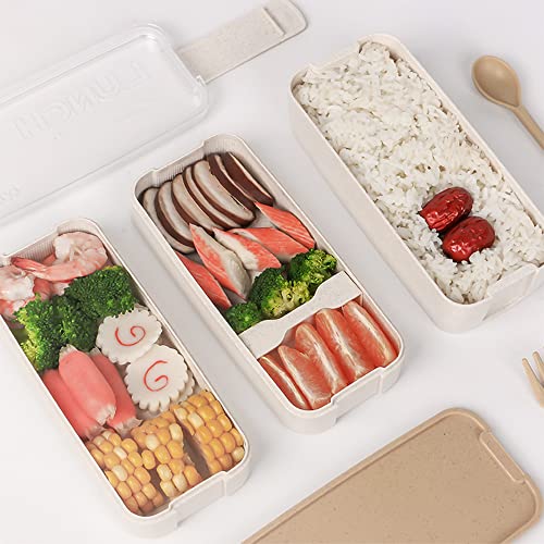 MOAMUN 2PCS Stackable Bento Box, 3-In-1 Bento Lunch Box with Spoon and Fork, Japanese Lunch Box with 2PCS Mini Condiment Squeeze Bottles, Meal Prep Containers for Kids and Adults (Green+Beige)