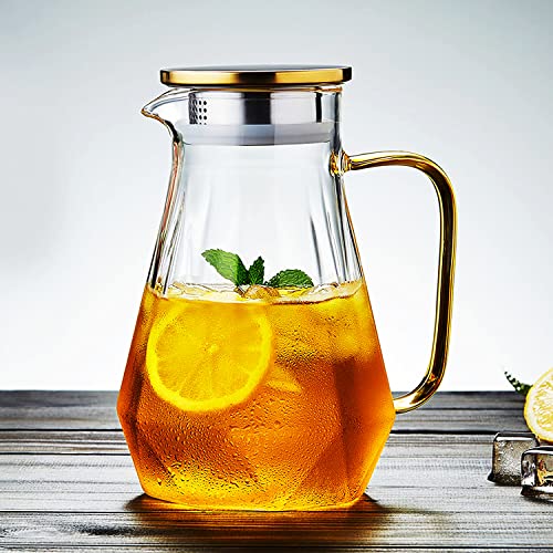 Glass Pitcher, Water Pitcher with Lid and Spout, Glass Water Pitcher And 1 Cleaning Brush,Cold and Hot Water Carafe,Ice Tea Maker for Homemade Juice&Iced Tea (A-2000ML)