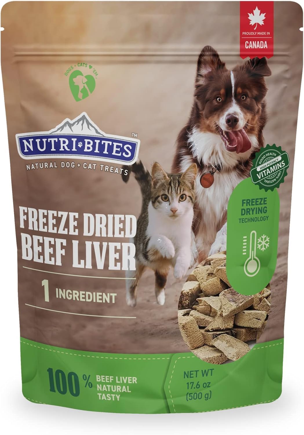 Nutri Bites Freeze Dried Beef Liver Treats for Dogs & Cats, Single Ingredient, No Additives, Perfect for Training, Sensitive Diets, 17.6 oz(Pack of 1)