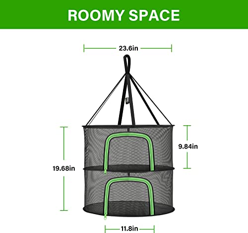 iPower Herb Drying Rack 2-Layer 2-Feet Hanging Mesh Net Dryer Collapsible with U-Shape Zippers, Pothook, Carabiner and Storage Pouch, for Hydroponics Flowers, Buds, Fruits, Seafoods, Clothes
