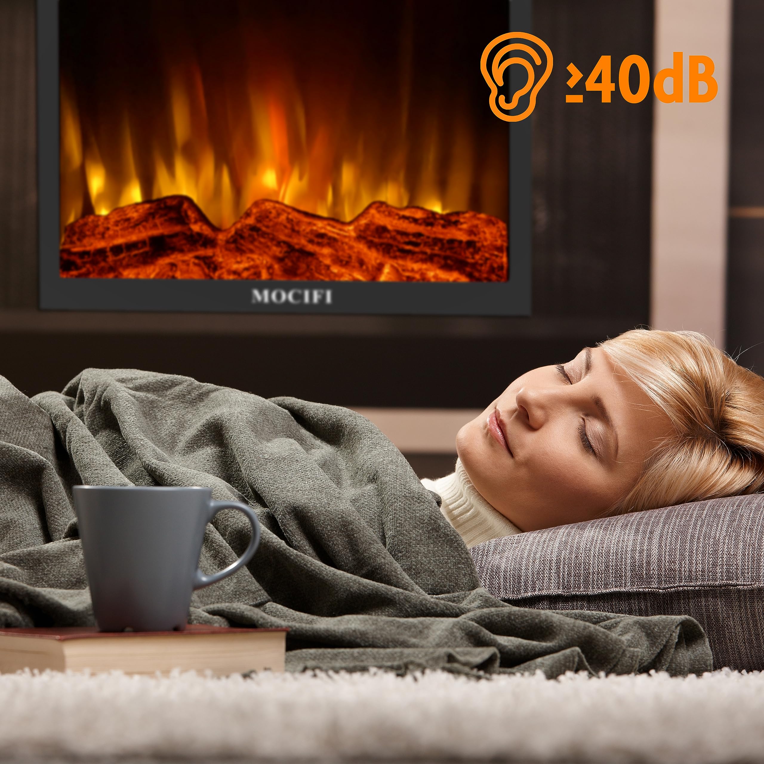 MOCIFI 18 inch Built-in Electric Fireplace Insert Heater, Recessed Freestanding Fireplace, Remote Control, Touch Screen, Adjustable Flame Brightness Speed, Low Noise, 1000W, Black