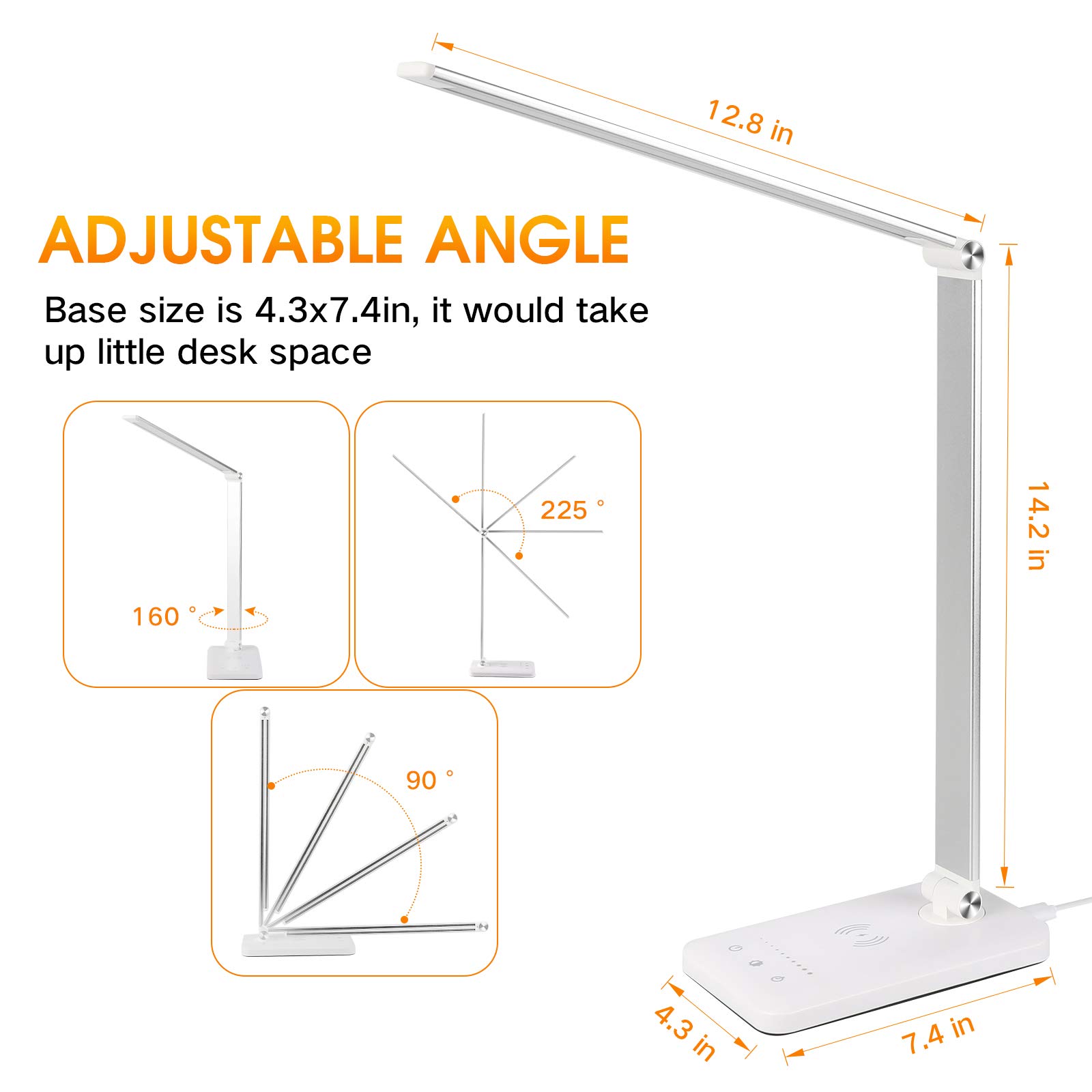 EASTAR LED Desk Lamp with USB Charging Port, Wireless Charger, College Dorm Room Essentials, Modern Eye-Caring Desk Lamps for Home Office,5 Lighting Modes, Bright Desk Light with Timer, Silver-White