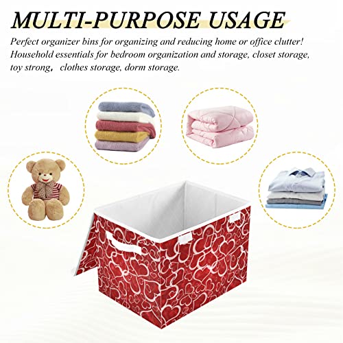 Kigai Storage Basket Valentine's Day Hearts Storage Boxes with Lids and Handle, Large Storage Cube Bin Collapsible for Shelves Closet Bedroom Living Room, 16.5x12.6x11.8 In