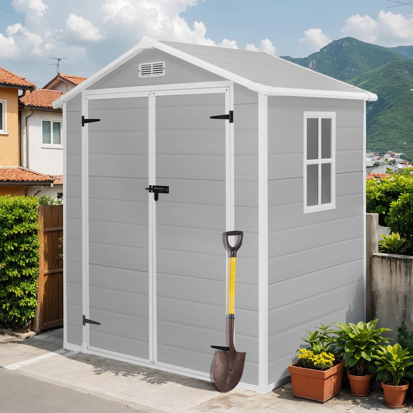 Outdoor Resin Storage Shed with Reinforced Floor, All Weather-Resistant, Plastic Shed for Storing Gardening Tools, Bicycles,Patio Furniture or Lawn Mower, Secure Door Lock (Gray)