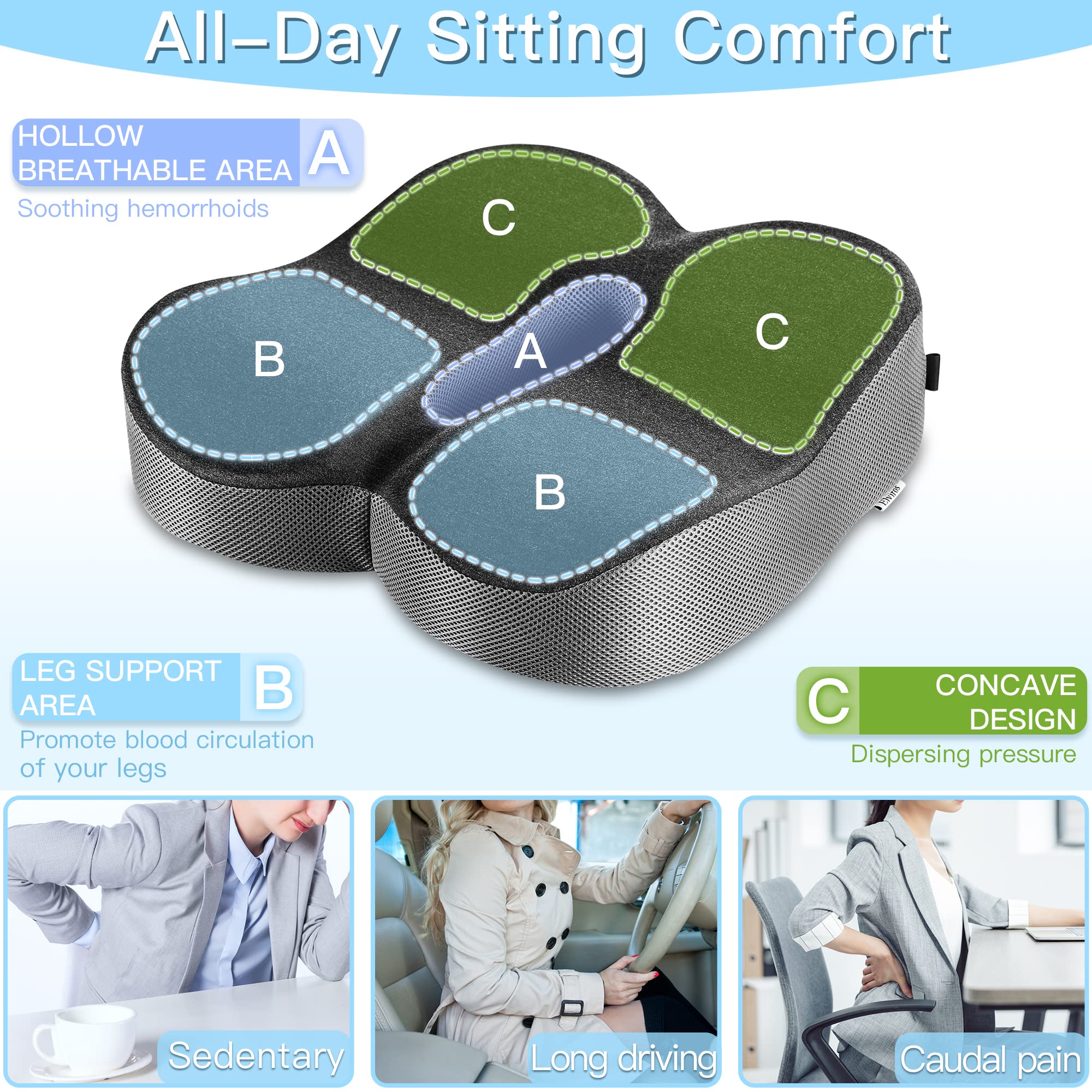 Elviros Chair Cushions, Adjustable Memory Foam Seat Cushion for Coccyx, Back, Tailbone, Sciatic Pain Relief, Non-Slip Chair Pads for Office, Car, Wheelchair, Gaming Chair (Black, Medium Soft)