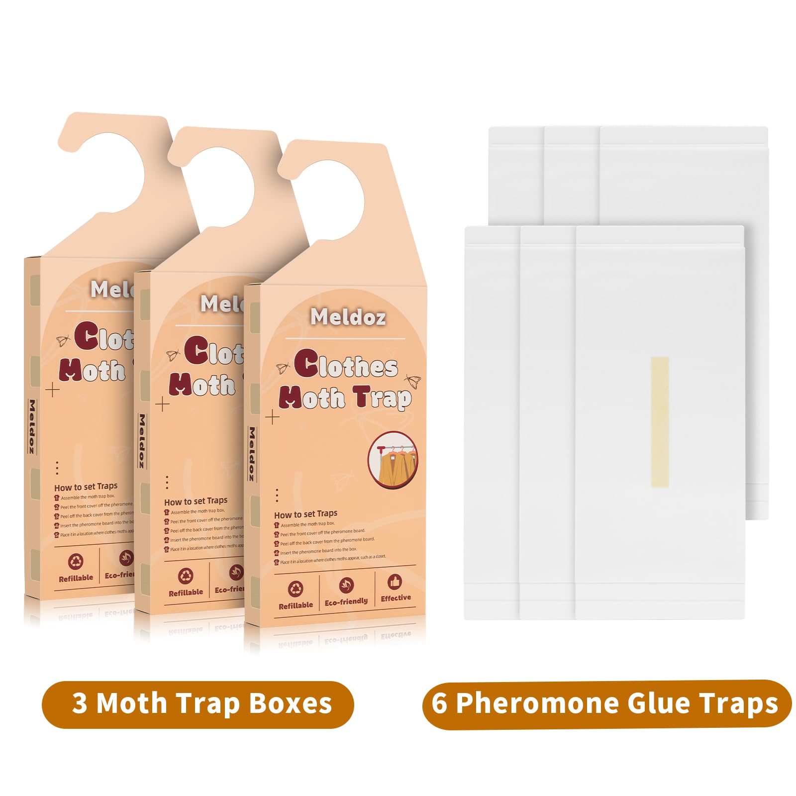 Meldoz Clothes Moth Traps with Powerful Pheromones, Non-Toxic & Odor-Free Sticky Moth Traps for Clothes & Closets, Refillable 6-Pack