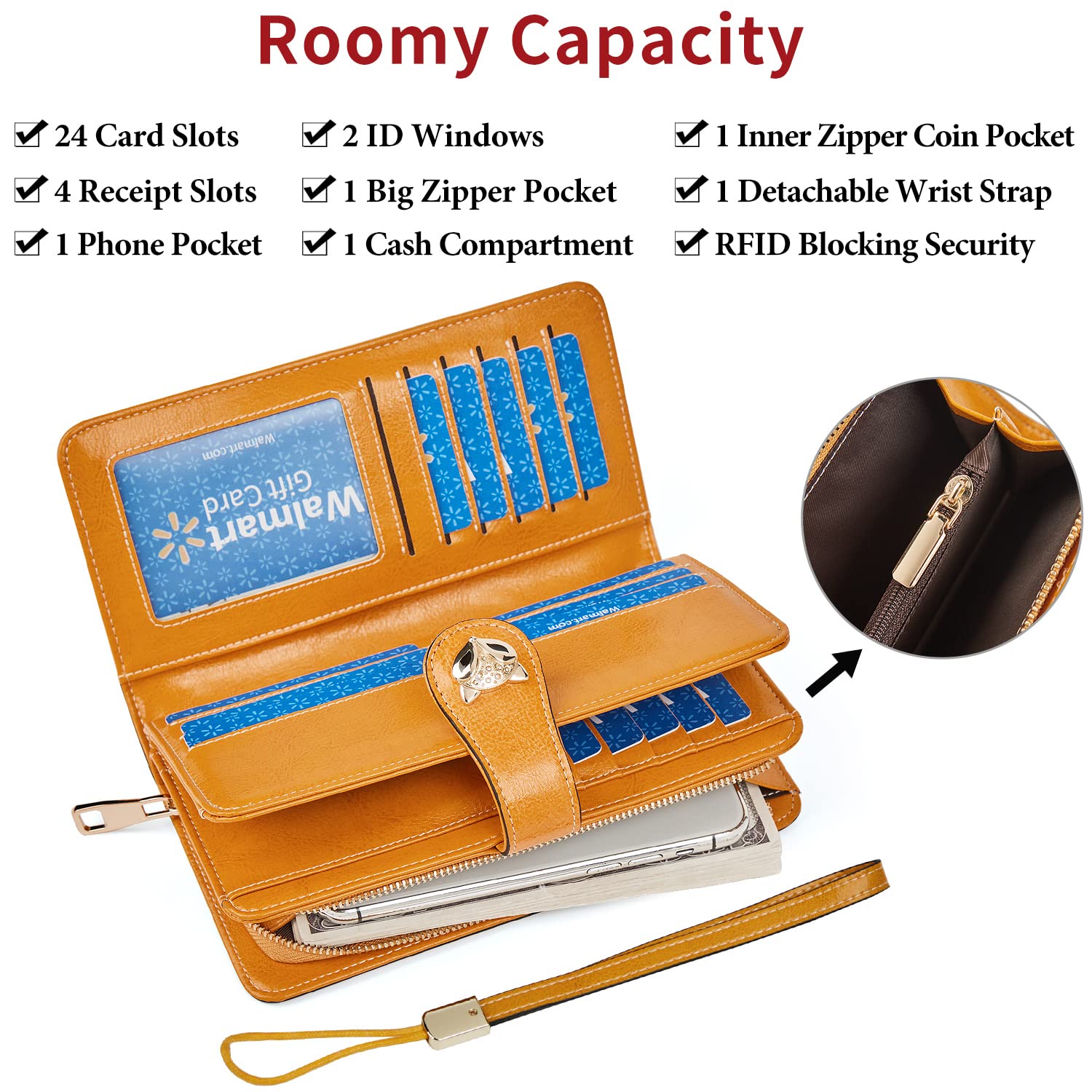 FOXLOVER Designer Wristlet Wallets for Women Large Capacity Ladies RFID Blocking Leather Credit Card Holder
