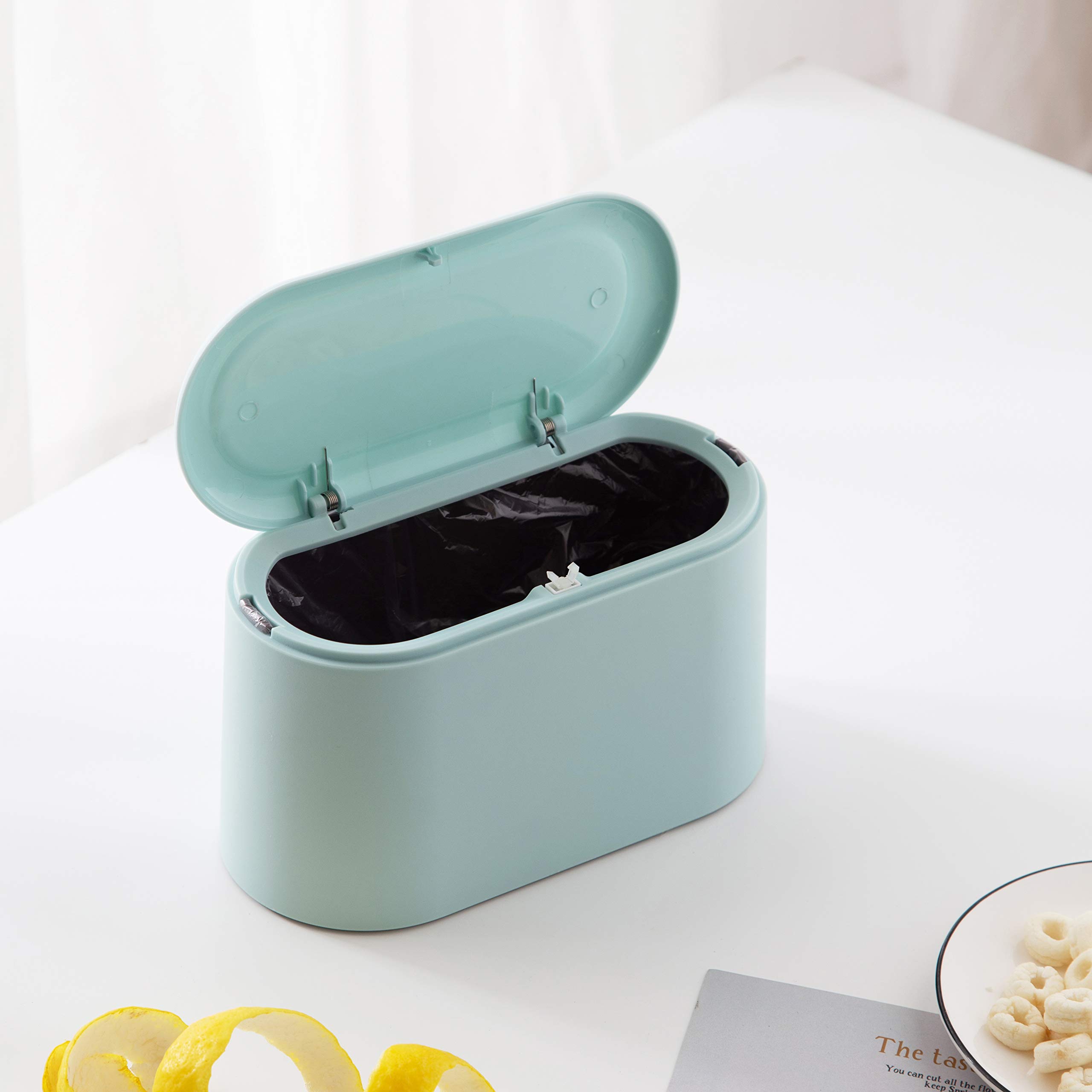 Mini Countertop Wastebasket Press Cartridge Cover Trash Can, Makeup Holder Vanity Bathroom Kitchen Car Desktop Office (Light Blue)