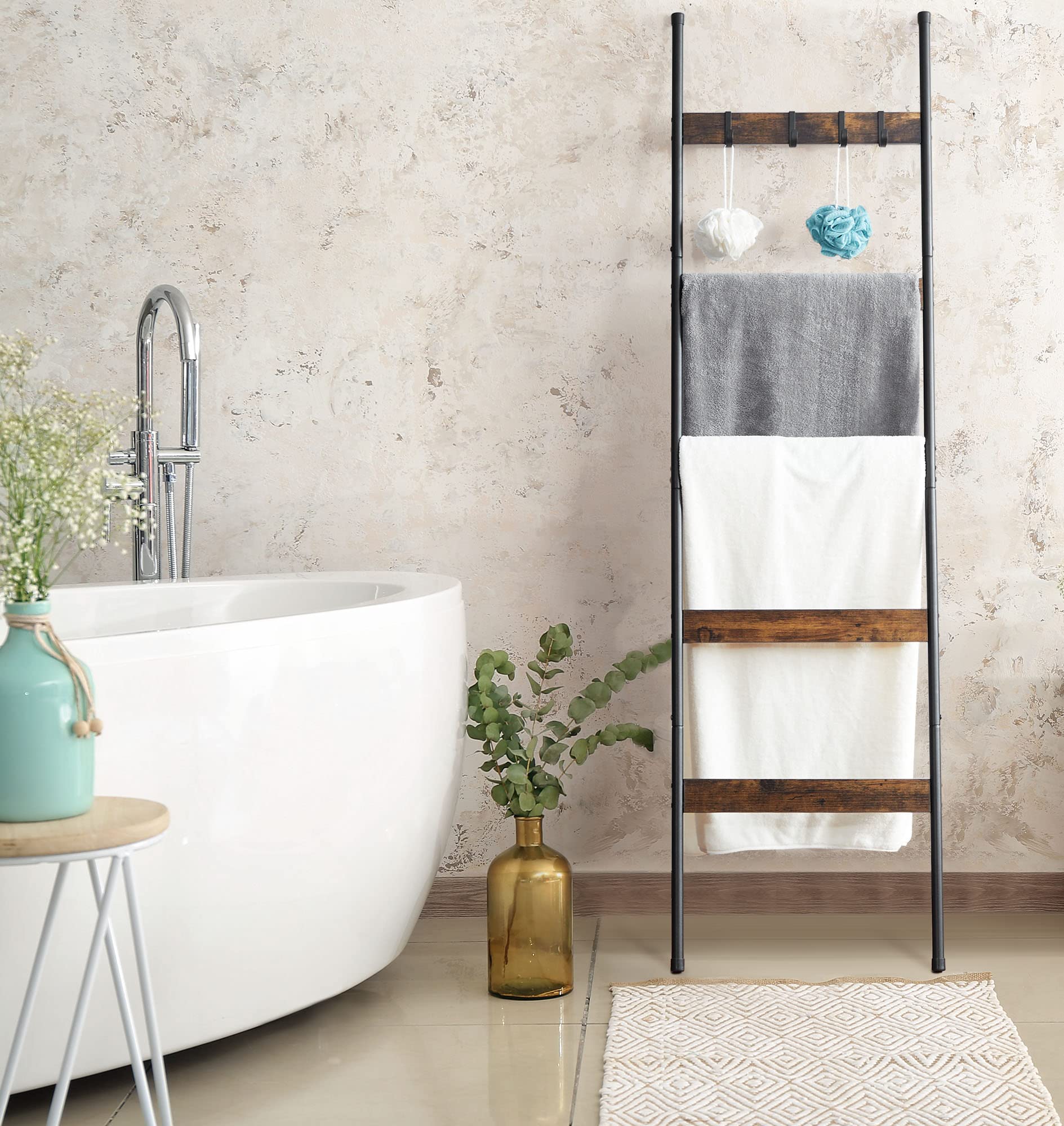 ELYKEN Blanket Ladder for Living Room, Farmhouse 5 -Tier Quilt Holder with 4 Removable Hooks for Bathroom, Wood Towel Rack Display, Wall Anchor Leaning Decorative Stand for Home Decor, Rustic Brown