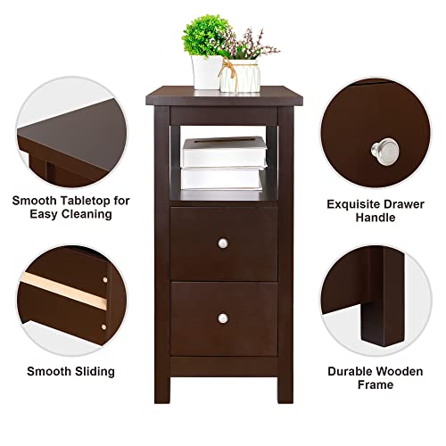 SUPER DEAL 2 Drawer End Table with Storage Shelf, Narrow 3 Tier Sofa Side Table for Living Room Bedroom Office Small Spaces, 23.6 x 24 inch Espresso