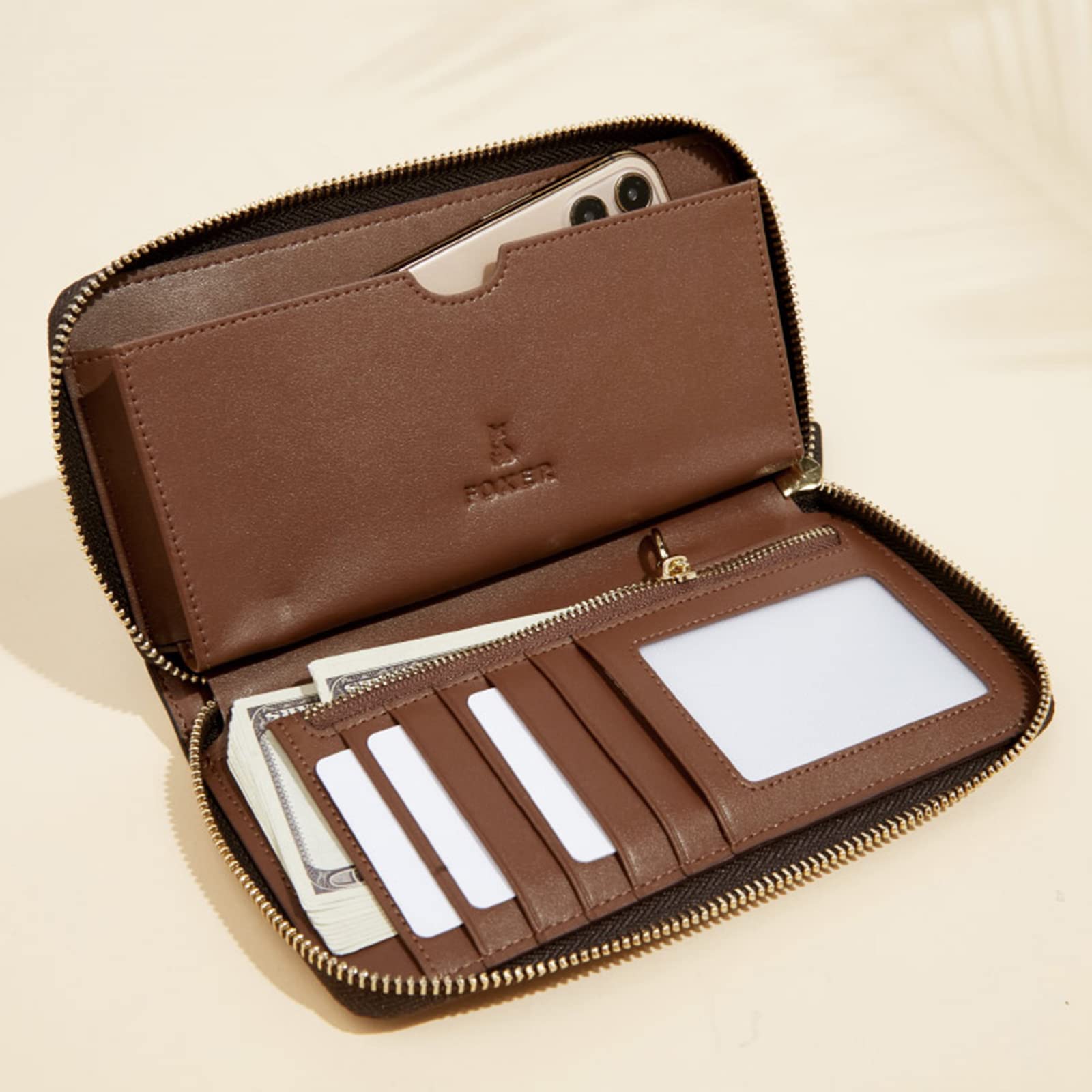 FOXLOVER Leather Zipper Wallets for Women, Ladies Clutch Wallets Purses with ID Window Gift Box Packing Womens Credit Card Holders Wallets (Brown)