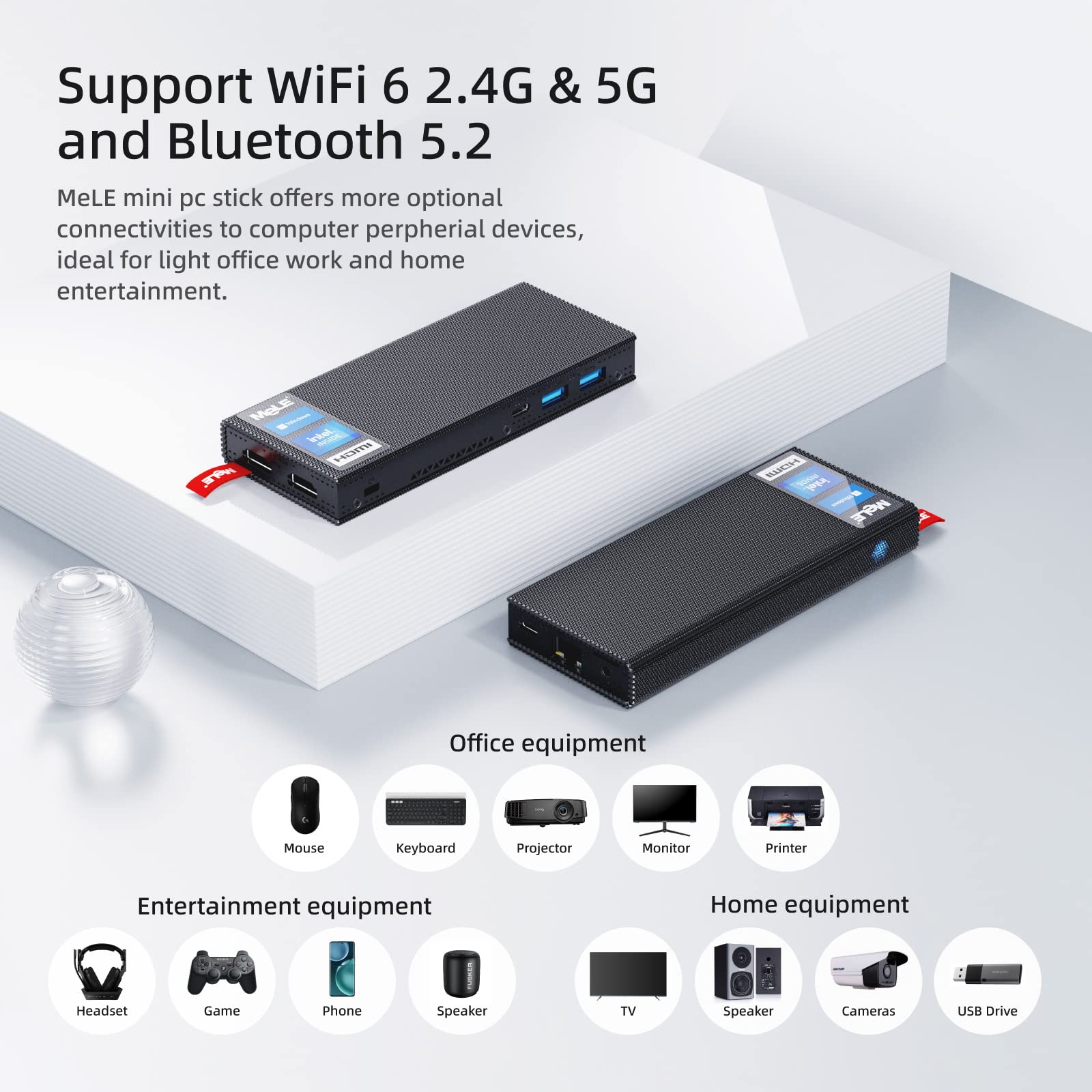MeLE N5105 Fanless Mini PC Stick PCG02 Pro, 8GB 128GB Mini Computer Stick Windows 11 Pro, Dual HDMI 4K, Wi-Fi 6, Gigabit Ethernet, BT 5.2, USB 3.2 * 2, USB-C Micro PC with VESA Mount