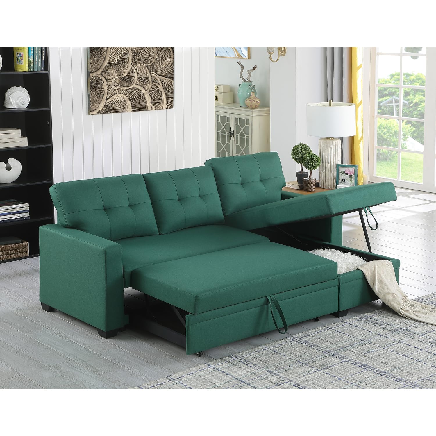 Devion Furniture L-Shaped Polyester Fabric Reversible, Easy Convertible Pull-Out Sleeper Sectional Sofa/Storage Chaise with Tufted Back Cushions and Track Arms in Green