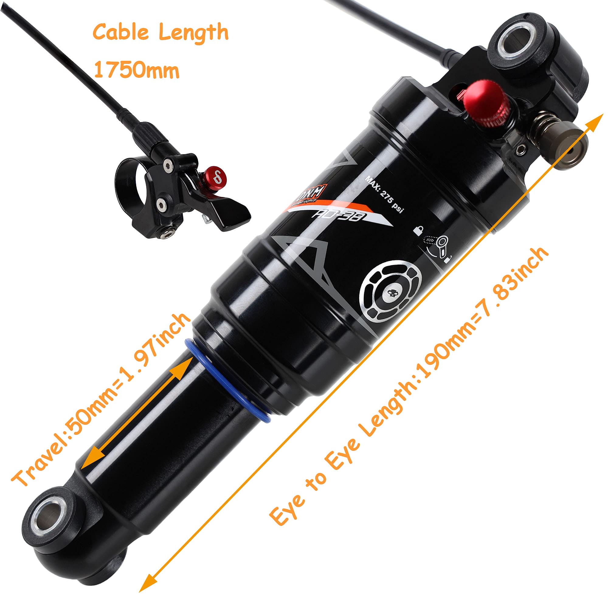DNM Mountain Bike MTB Air Rear Shock Rebound/Remote Lock Out/Air Compression Pressure Adjustable - AL7075 Shaft & AL6061 Shock Body - Extra Bushing Hardware - Length 200mm