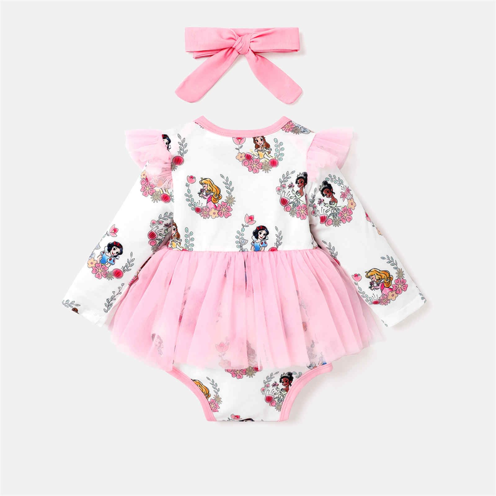 Disney Princess Baby Girl Bodysuit Cotton Long Sleeves Romper with Headband Set, PinkyWhite-2, 6-9 Months
