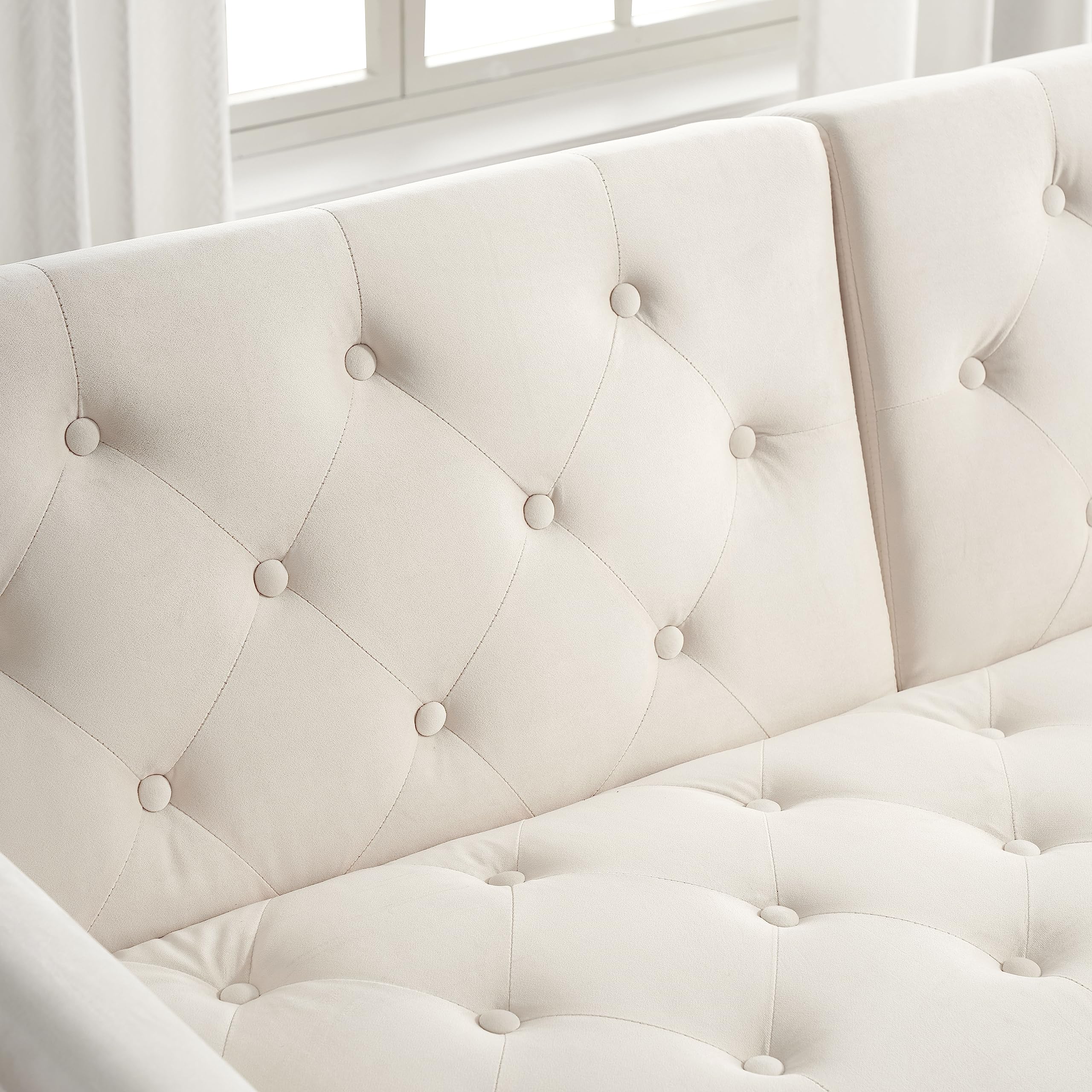 NoeBanJe Mid Century Modern Velvet LoveSeat Couches, Convertible Futon Sofa Bed with Metal Legs and Pillows, Adjustable Sleeper Sofa for Small Spaces, Bedroom Living Room (Beige)