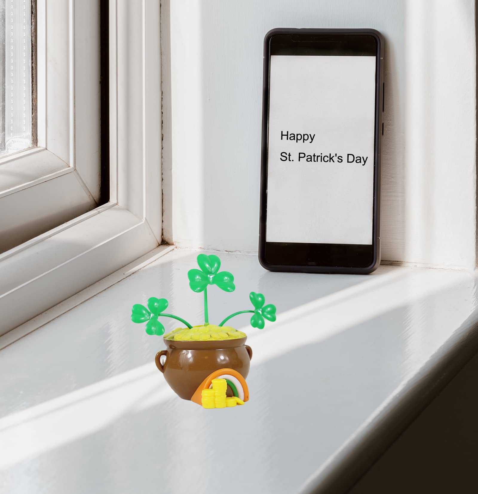 ElodieAu 2pcs Car Solar Bobble Head Toy, St. Patrick's Day Shamrock Gold Coins Solar Powered Figurines,Shaking Figures Dashboard Decor Gifts for Home Window Desk Decorations