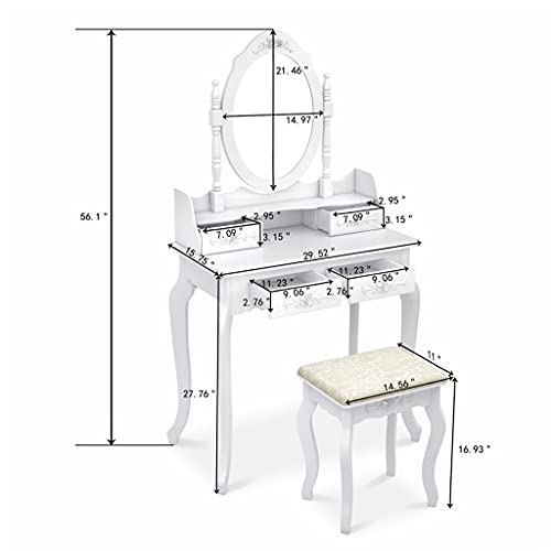 IRDFWH Dressing Table Concise 4-Drawer 360-Degree Rotation Removable Dresser White with Dressing Table Stool