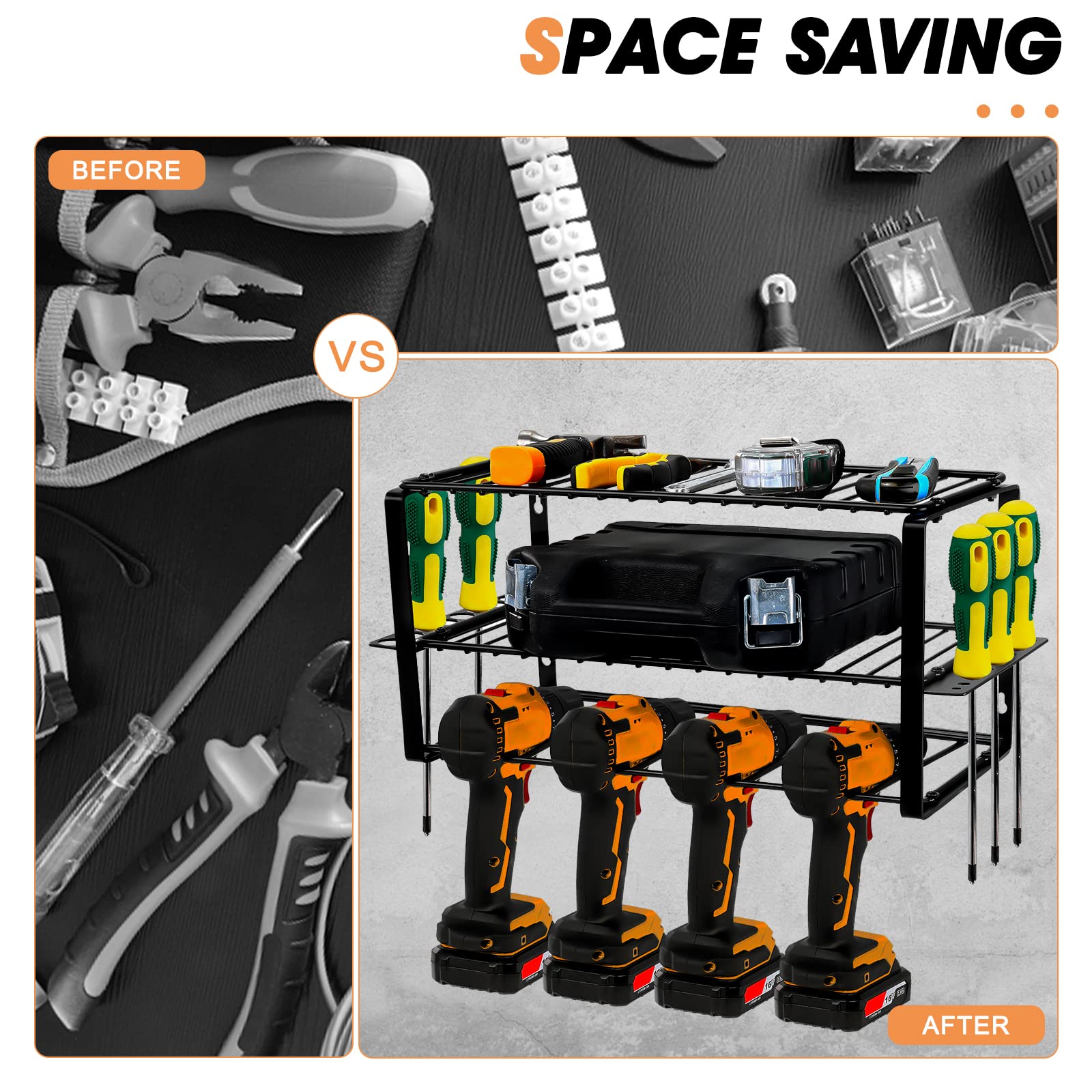 KWESOR Power Tool Organizer Wall Mount, 3 Layers Utility Power Tool Storage Rack, Heavy Duty Metal Tool Drill Holder for Garage, Home, Workshop, Shed, Black