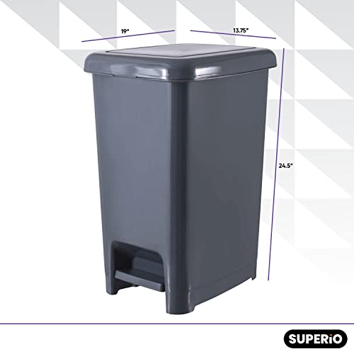 Superio Slim Trash Can with Foot Pedal β 16 Gallon Step-On Trash Can, Tall Plastic Garbage Can, Extra Large Trash Can for Bathroom, Kitchen, Office, Patio, or Backyard β Onyx Grey