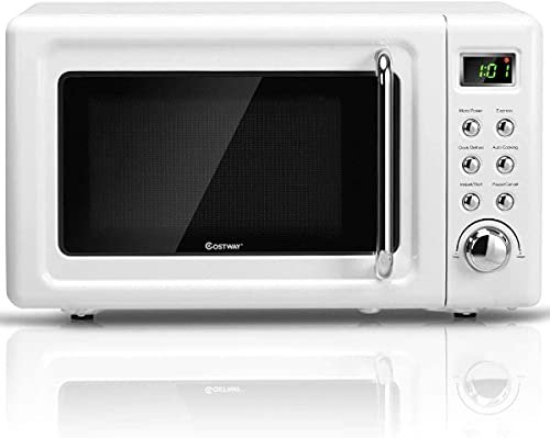 Moccha Compact Retro Microwave Oven, 0.7Cu.ft, 700-Watt Countertop Microwave Ovens w/5 Micro Power, Delayed Start Function, LED Display, Child Lock (White)