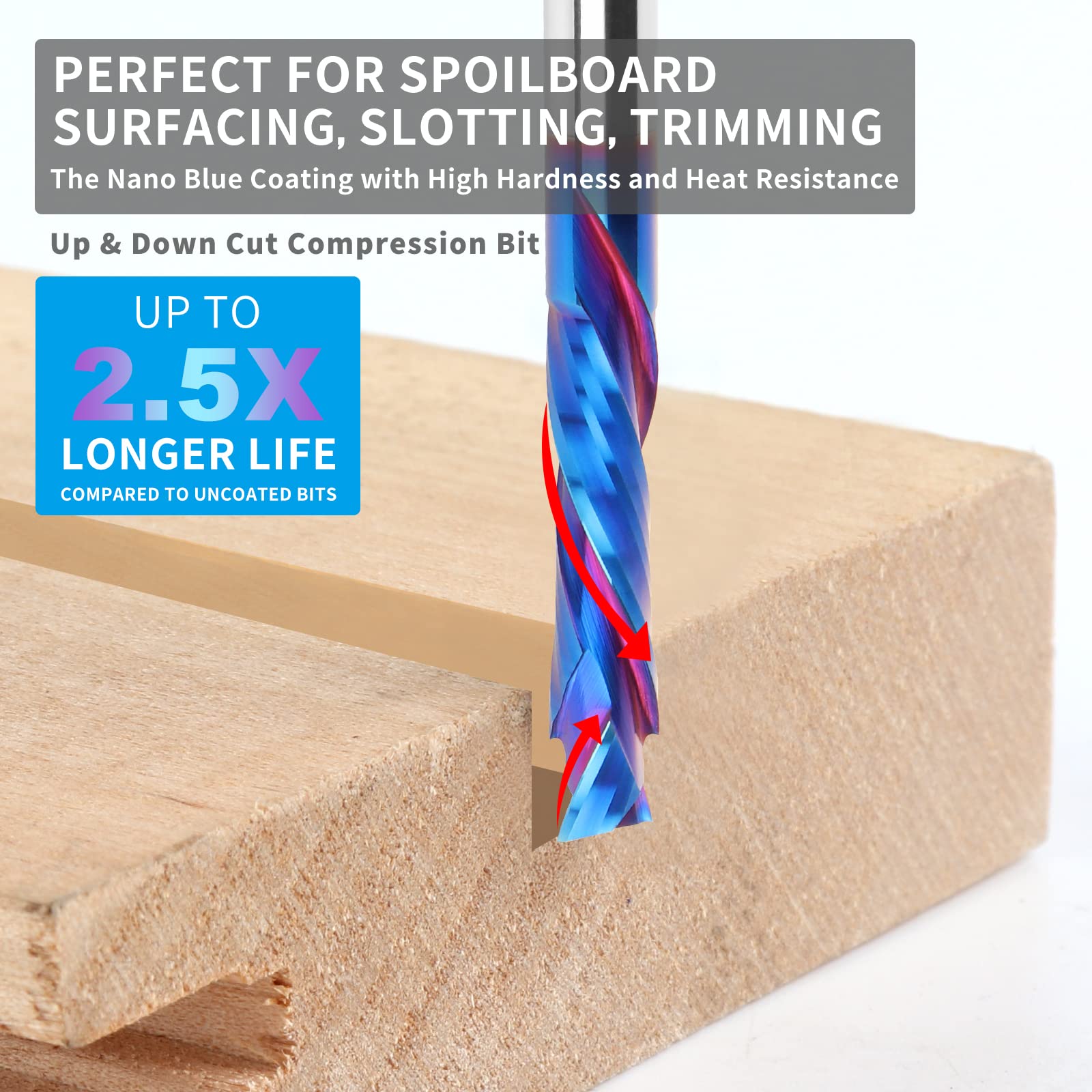 EANOSIC Compression Spiral Router Bits 1/4" Shank,1-1/4" Cutting Length, Extra Long 3 Inch, Carbide UP Down Cut CNC Router Bits End Mill for Wood Mortises Carving Engraving