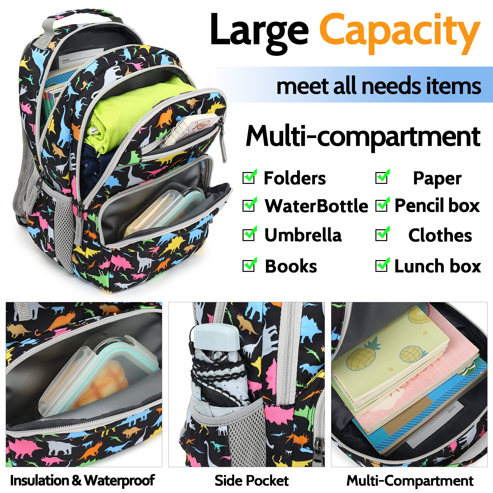 DIPUG Dinosaur Kids Toddler Backpack for Boys and Girls, School Backpacks with Chest Strap and Whistle (15" tall)