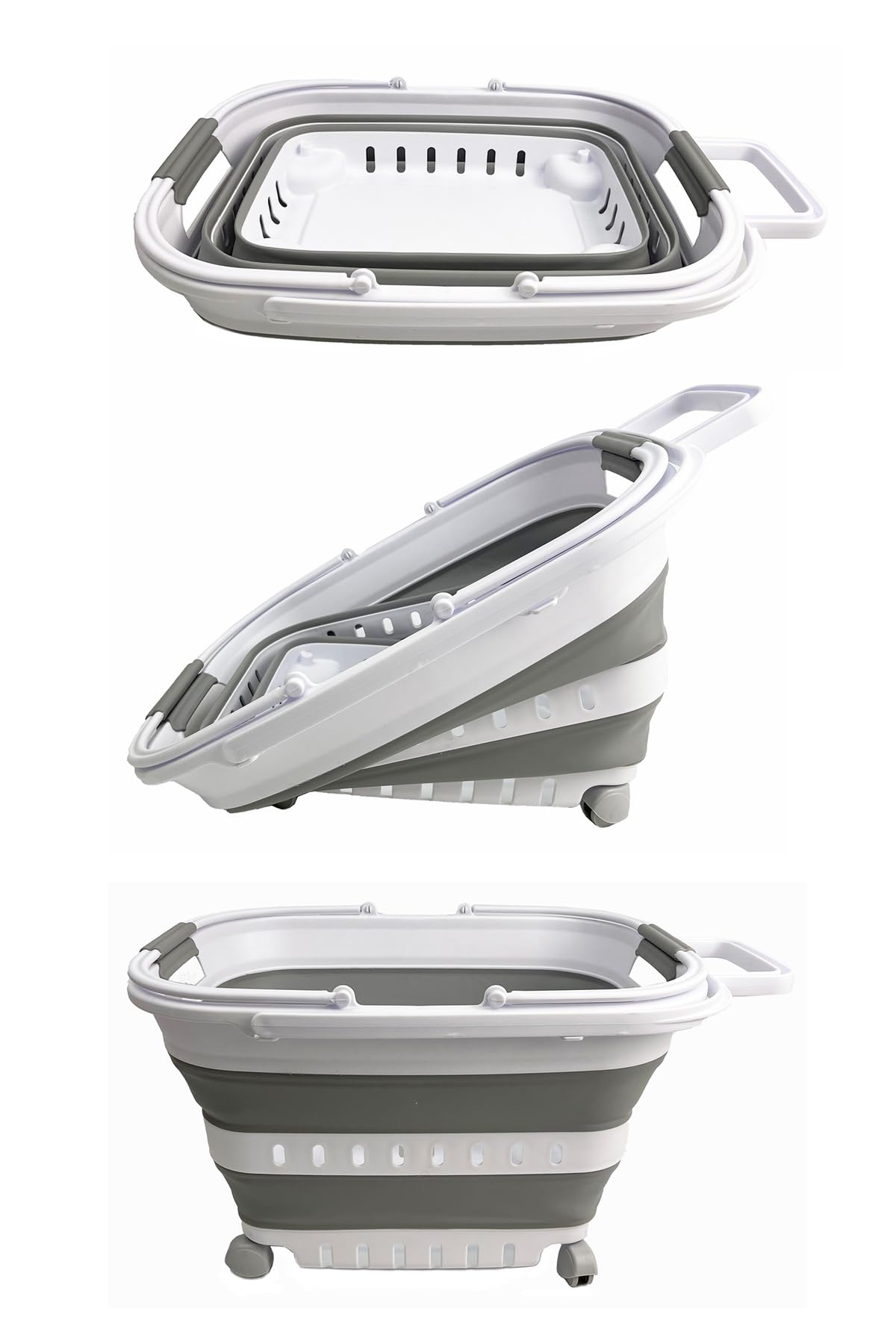 SAMMART 35L (9.24 Gallons) Collapsible Plastic Laundry Basket with Handle and Wheels - Foldable Pop Up Storage Container/Organizer with handle and wheels - Space Saving (1, White/Grey)