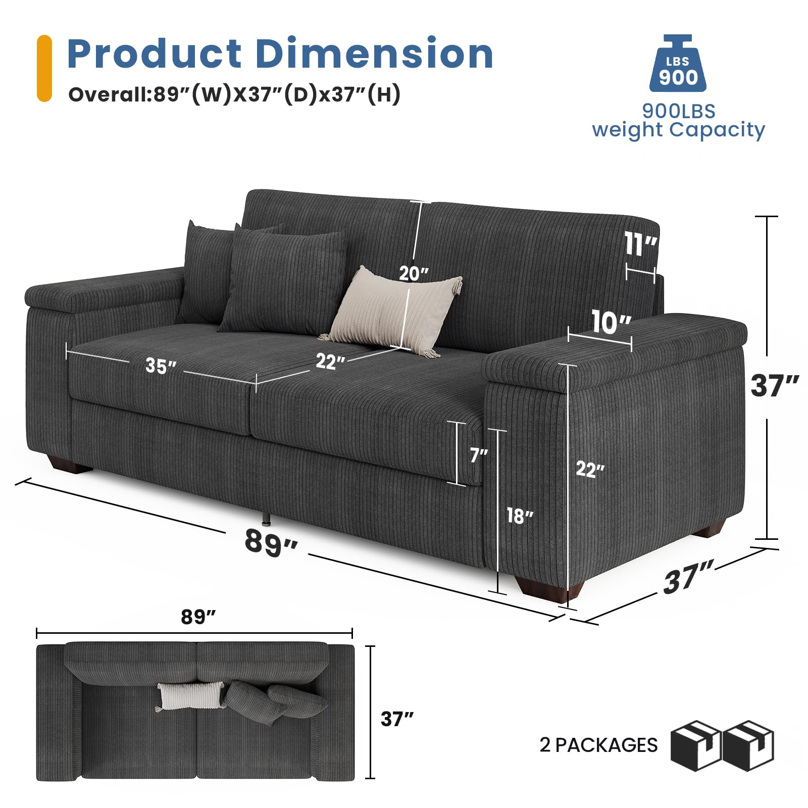 KKL 89 Inch Sofas for Living Room, Deep Seat Sofa, Comfy Sofa, Cloud Couch, Cream Couch, Sleeper Couch, 3 Seater Sofa with Pillows, Machine-Washable, Corduroy, Grey